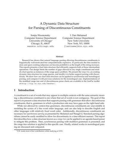 A Dynamic Data Structure For Parsing Of Discontinuous Constituents