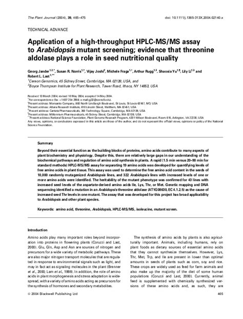 pdf application of a high throughput hplc ms ms assay to arabidopsis