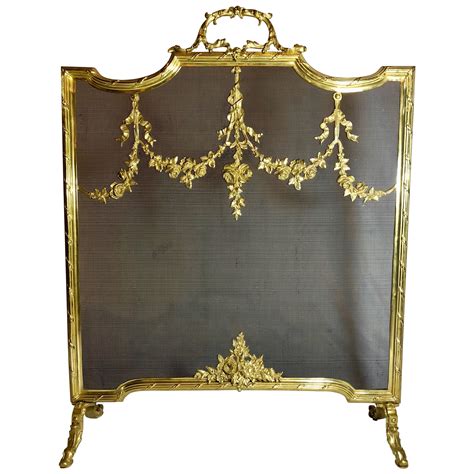 Wonderful French Doré Bronze Fireplace Screen With Ribbons Medallion