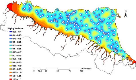 Map Of The Spatial Distribution Of Kriging Variance Kv Related To Download Scientific Diagram