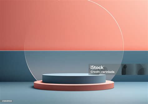원형 유리 배경이 있는 3d 파란색 연단 스탠드 최소한의 벽 장면 배경은 현대적인 인테리어 컨셉 제품 디스플레이 모형에