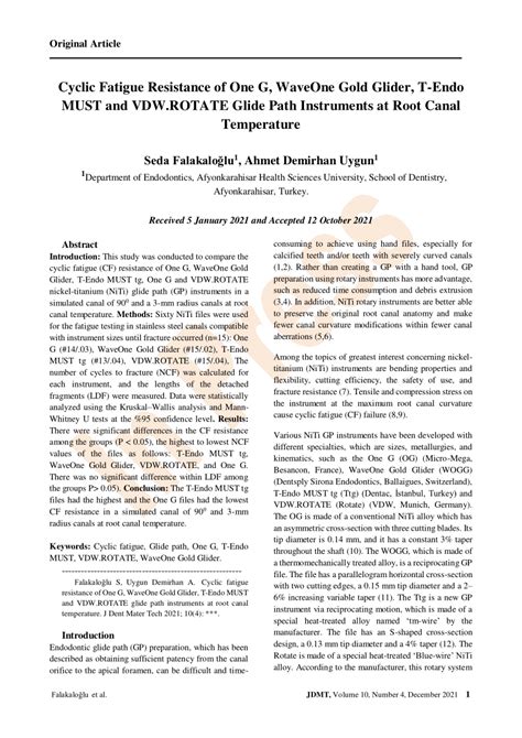 Pdf Cyclic Fatigue Resistance Of One G Waveone Gold Glider T Endo Must And Vdwrotate Glide