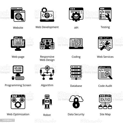 웹 사이트 웹 개발 Api 테스트 프로그래밍 화면 알고리즘 데이터베이스 코드 감사 데이터 보안 사이트 맵 웹 페이지 반응 형 웹 디자인 코딩 글리프 아이콘솔리드 벡터 0명에