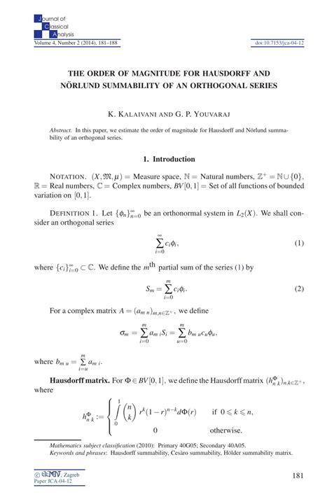 Pdf The Order Of Magnitude For Hausdorff And Nörlund Summability Of An Orthogonal Series