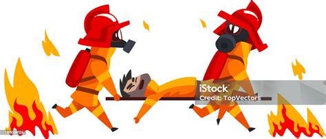 들 것에 부상을 운반 소방 관 흰색 바탕에 직장 벡터 일러스트 레이 션에서 유니폼에 소방 서 문자 건강관리와 의술에 대한 스톡