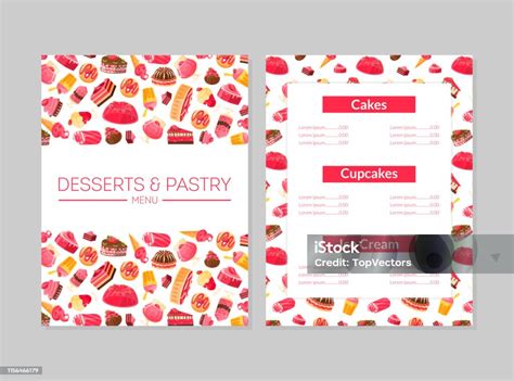 디저트 와 패스트리 메뉴 케이크 컵 케이크와 아이스크림 빵집 과자 가게 디자인 요소 다채로운 벡터 일러스트 귀여운에 대한 스톡