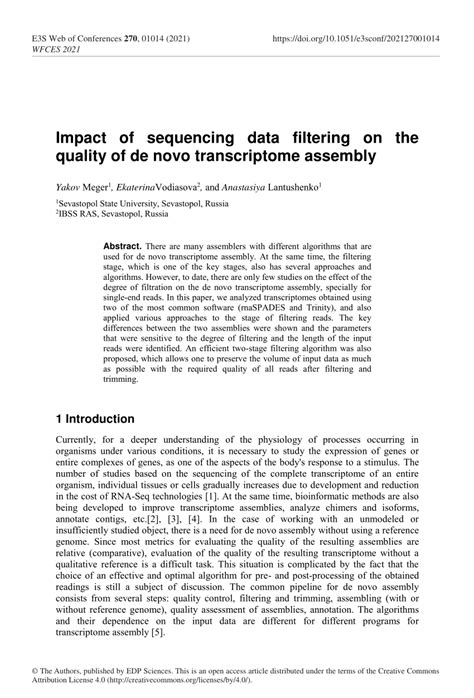 Pdf Impact Of Sequencing Data Filtering On The Quality Of De Novo
