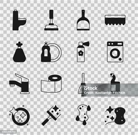 스폰지 식기 세척 액체 병 세탁기 먼지 판 쓰레기 봉투 변기 그릇 및 공기 청정기 스프레이 아이콘을 설정합니다 벡터 가방에 대한 스톡 벡터 아트 및 기타 이미지 Istock