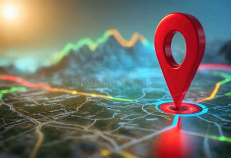 Close Up Of Digital Map With Destination Red Pin Marked And Neon Light Roads Concept Of Guide