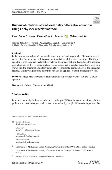 Pdf Numerical Solutions Of Fractional Delay Differential Equations Using Chebyshev Wavelet Method