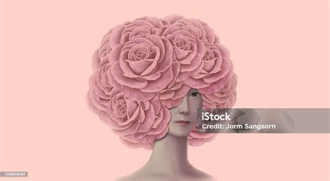 꽃과 사람들의 초현실적인 컨셉 아트 장미 머리를 가진 여자와 개념적 3d 그림입니다 여자에 대한 스톡 벡터 아트 및 기타 이미지 여자 꽃 식물 사람 얼굴 Istock