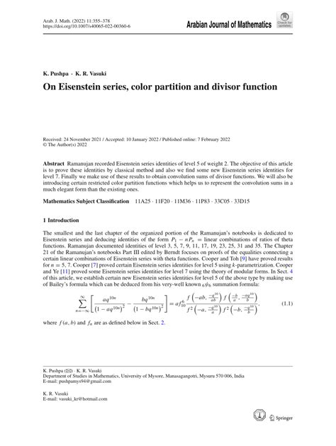 Pdf On Eisenstein Series Color Partition And Divisor Function
