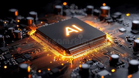 Close Up View Of Microchip With Ai Text And Glowing Circuitry On Dark Background Stock