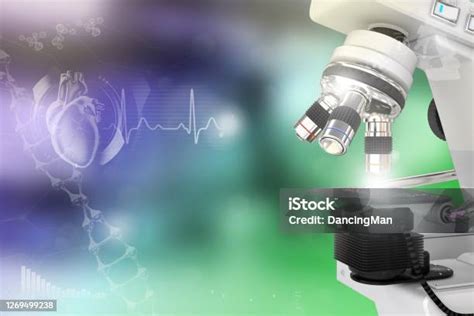 의학 개발 개념 실험실 하이테크 과학 현미경 다채로운 오버레이 배경 의료 3d 일러스트 2019년에 대한 스톡 사진 및 기타