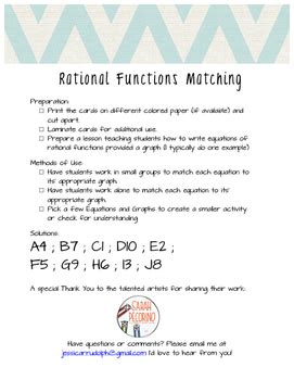 Rational Functions Matching Cards By The Secondary Classroom IS Fun Too