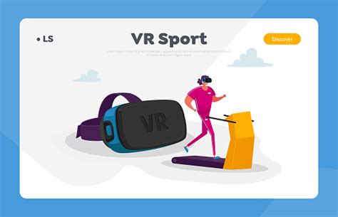 가상 스포츠 교육 랜딩 페이지 템플릿 러닝머신에서 달리는 스포츠 웨어와 Vr 고글의 젊은 여성 증강 현실 체육관 레크리에이션 여성 캐릭터 운동 만화 벡터 일러스트레이션