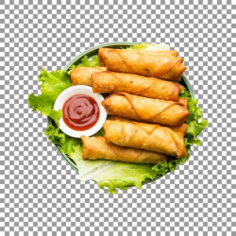투명한 배경에 격리된 케첩 소스를 곁들인 바삭한 시가 롤 프리미엄 Psd 파일