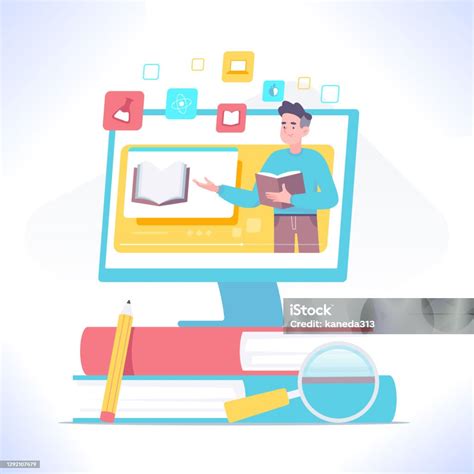 온라인 또는 원격 교육 E러닝 개념 개인 교사 서비스 컴퓨터 모니터의 비디오 레슨 또는 웨비나 책과 교육 가제트의 더미 벡터 일러스트 교육에 대한 스톡 벡터 아트 및 기타