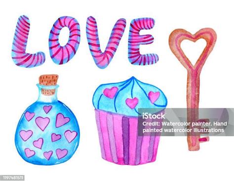 사랑의 기호 핑크 머핀 하트와 열쇠가있는 파란색 항아리 개체 그룹에 대한 스톡 벡터 아트 및 기타 이미지 개체 그룹 결혼식 공휴일 Istock