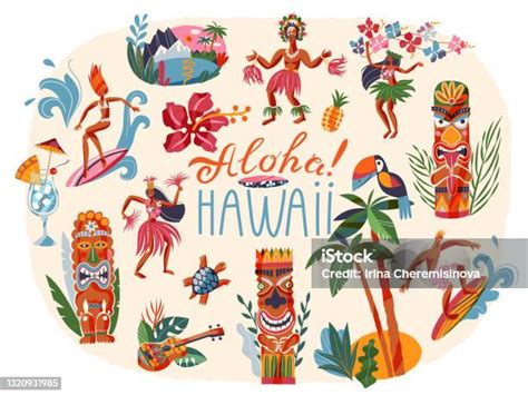 하와이 알로하 열대 여름 요소 세트 하와이 파티와 해변 빈티지 여행 포스터 벡터 일러스트 소녀 댄서 남자 서핑 과일 새 나무 나무 토템 그림 하와이 제도에 대한 스톡 벡터