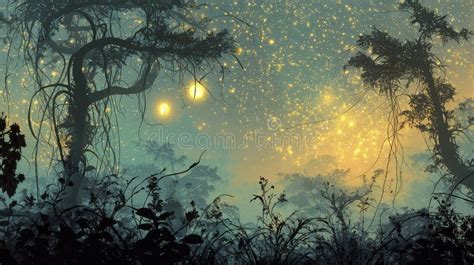 Tangled Jungle Silhouette With Exotic Foliage And Vines Set Against A