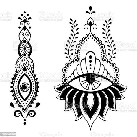 눈과 꽃 레이저 및 플로터 절단 엠보싱 조각 의류 인쇄를위한 동양 멘디 스타일의 장식 요소 세트 사악한 눈으로부터 보호하기 위한 상징 0명에 대한 스톡 벡터 아트 및 기타