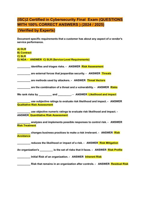 Isc 2 Certified In Cybersecurity Final Exam Questions With 100 Correct Answers 2024 2025