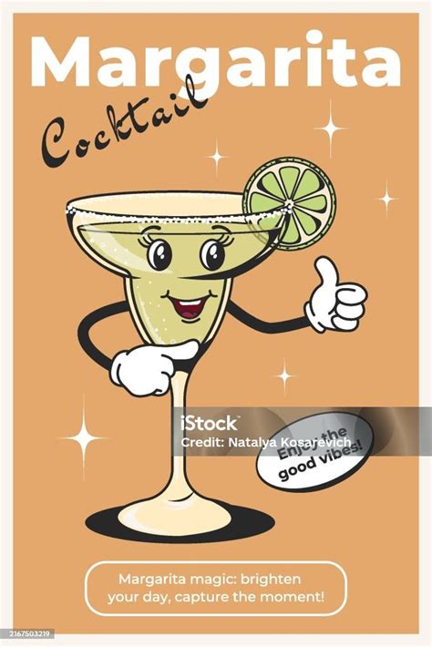 복고풍 칵테일 캐릭터가 있는 마가리타 패션 포스터 바와 레스토랑의 마스코트60 년대와 70 년대의 캐릭터는 현대적인 그루비 스타일의 복고풍 포스터와 엽서입니다 바 메뉴