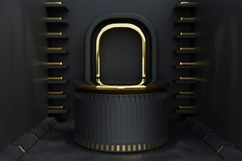 어두운 테마 3d 배경 광택 제품은 기하학적 플랫폼이 있는 금속 연단 장면을 표시합니다 연단이 있는 배경 벡터 3d 렌더링 제품을 보여주기 위해 서십시오 받침대 디스플레이