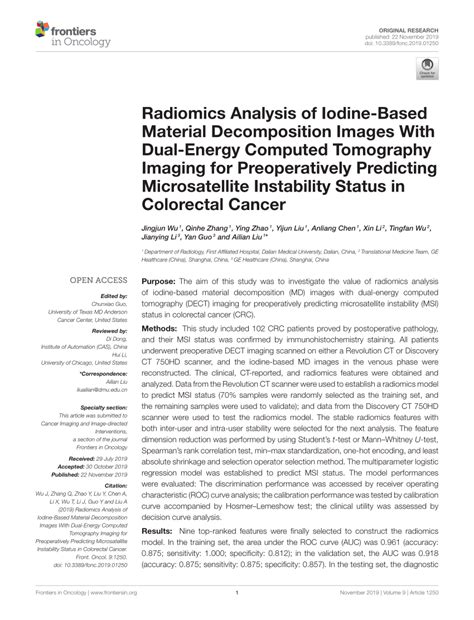 Pdf Radiomics Analysis Of Iodine Based Material Decomposition Images With Dual Energy Computed