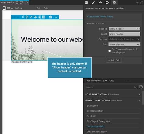 use a customizer control to hide or show element on the page pinegrow