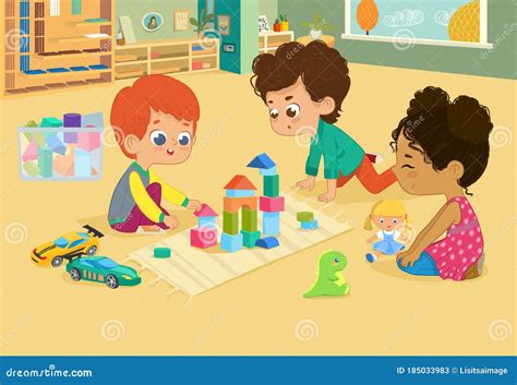 Los Niños Se Sientan En Círculo Y Juegan Con Juguetes En El Salón De
