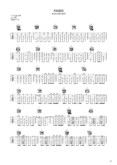 《faded》吉他简谱c调指弹谱alan Walker 吉他曲谱 师谦曲谱网