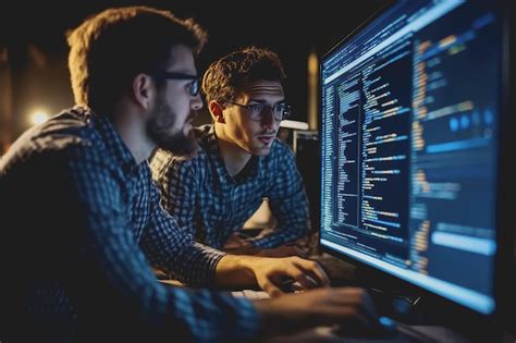 Brainstorming It Programmers Use Computer Together Software Engineers Develop App Program