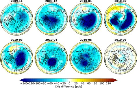 Monthly Mean Difference In Ch 4 Ppb At 50 Hpa North Pole Projection Download Scientific