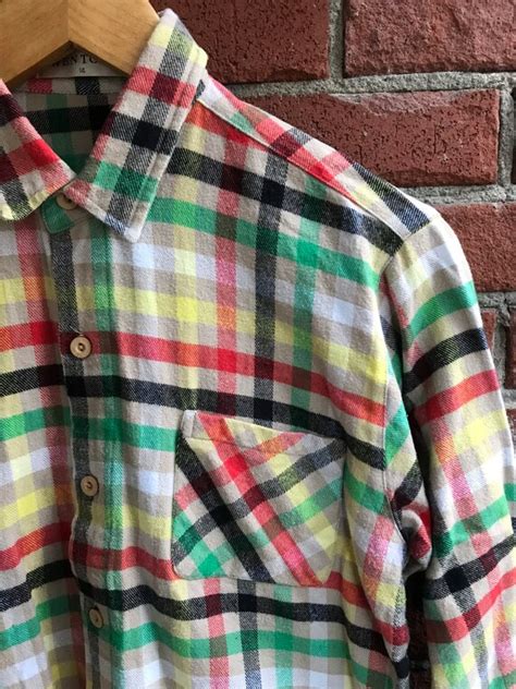 Vintage Wen Tong Plaid Flannel Shirt Beige Green Red … Gem