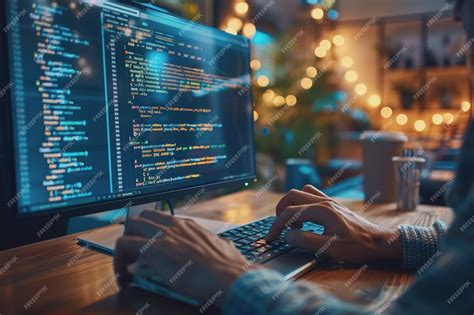Programmers Hands On Keyboard Writing Source Code Screen Showing Code Premium Ai Generated Image
