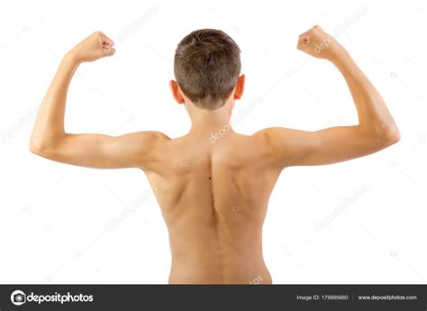 彼の背中の筋肉を屈曲上半身裸の 代の少年 ストック写真 Triumph