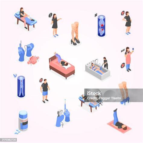 정맥류 절연 아이콘의 등각 투영 세트 와 인간 캐릭터 와 환자 증상 운동 및 의료 용품 벡터 일러스트 레이 션 건강관리와 의술에 대한 스톡 벡터 아트 및 기타 이미지