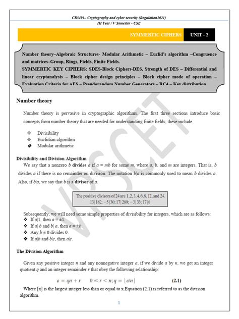Unit Ii Symmetric Ciphers Notes Pdf Group Mathematics Field Mathematics