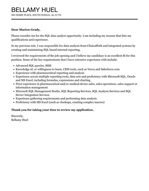 Sql Data Analyst Cover Letter Velvet Jobs