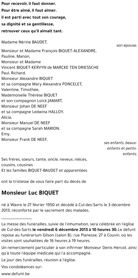 Avis De Décès De Luc Biquet Décédé Le 03 12 2013 à Cul Des Sarts