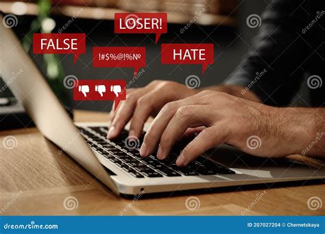Man Using Laptop And Icons With Offensive Messages Closeup Cyber