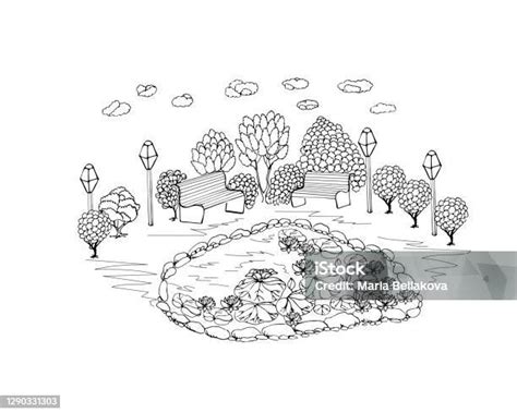 손으로 그린 안티 응력 착색 흑백 벡터 드로잉 꽃 나무 호수 벤치 등불 구름을 그리기위한 공원의 그림 포스터 엽서 스티커에 적합