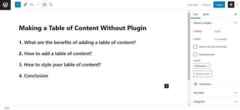 how to add table of contents in wordpress without plugin step by step wpinlearn