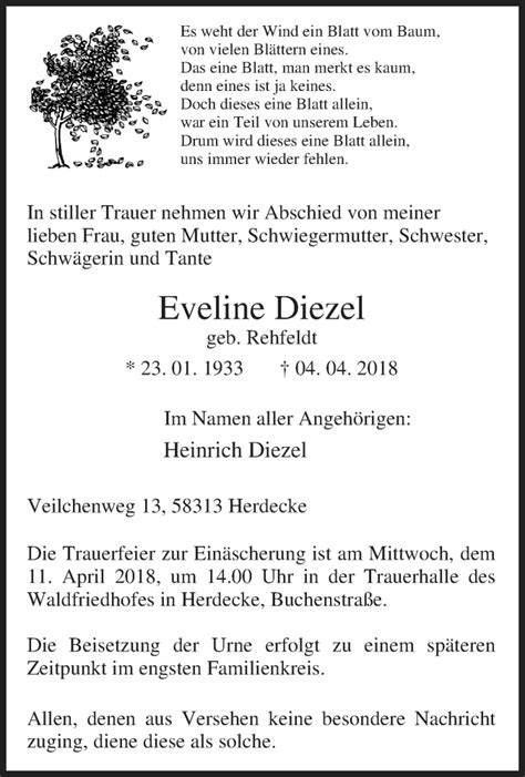 Traueranzeigen Von Eveline Diezel Trauer In Nrwde
