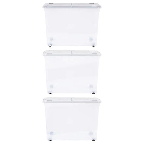 3 X 80l Clear Plastic Stackable Wheeled Storage Containers With Folding