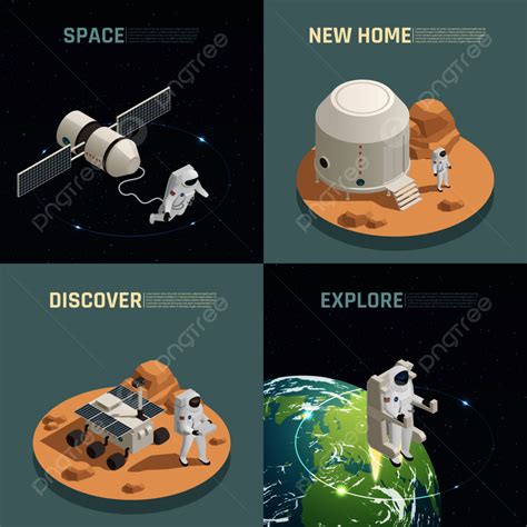 Space Research Exploration Discoveries 4 Isometric Icons Square With Astronaut Landing On Alien