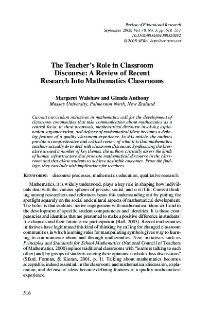 Pdf The Teachers Role In Classroom Discourse A Review Of Recent Research Into Mathematics