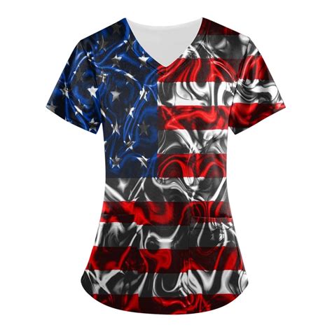 Qcmgmg Patriotic Scrub Tops For Women V Neck Nursing Workwear Stars Striped Scrubs Usa Flag